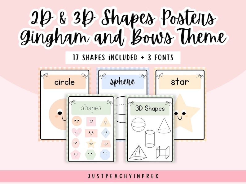 Gingham and Bows Theme Classroom 3D 2D Shapes Posters in Soft Pastel ...