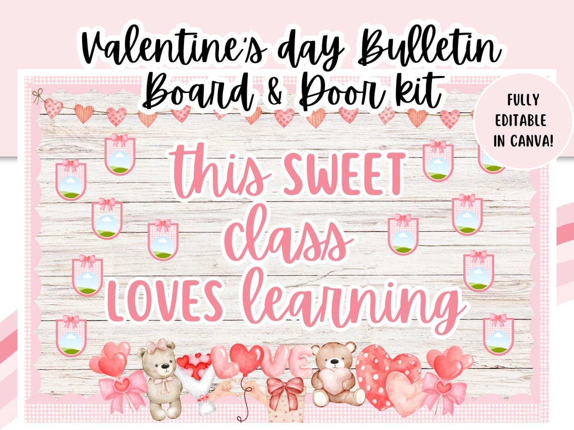 Valetines’s Day Bulletin Board & Door Decor Kit in Gingham and Bows ...