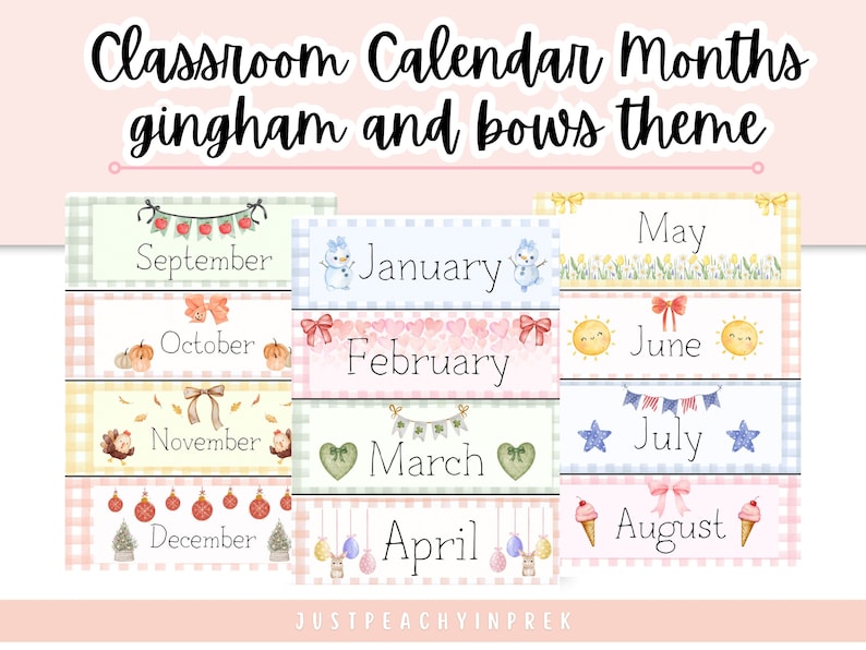 Classroom Calendar Set in Gingham and Bows Theme | Classroom Decor ...