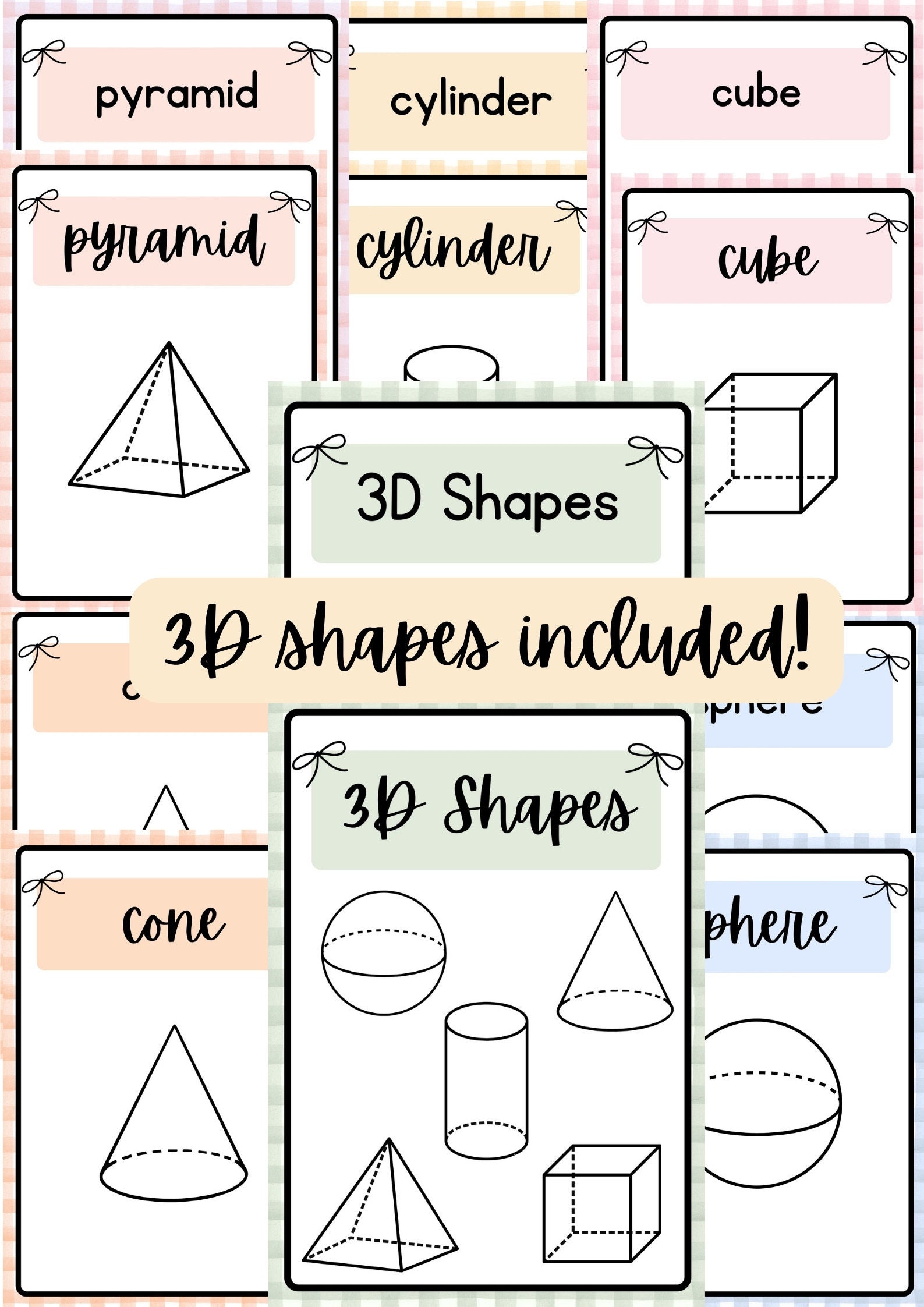 Classroom 2D and 3D Shapes Posters in Gingham and Bows Theme | Calm ...