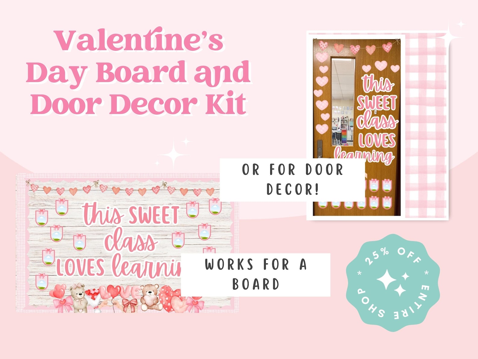 Valetines’s Day Bulletin Board & Door Decor Kit in Gingham and Bows ...