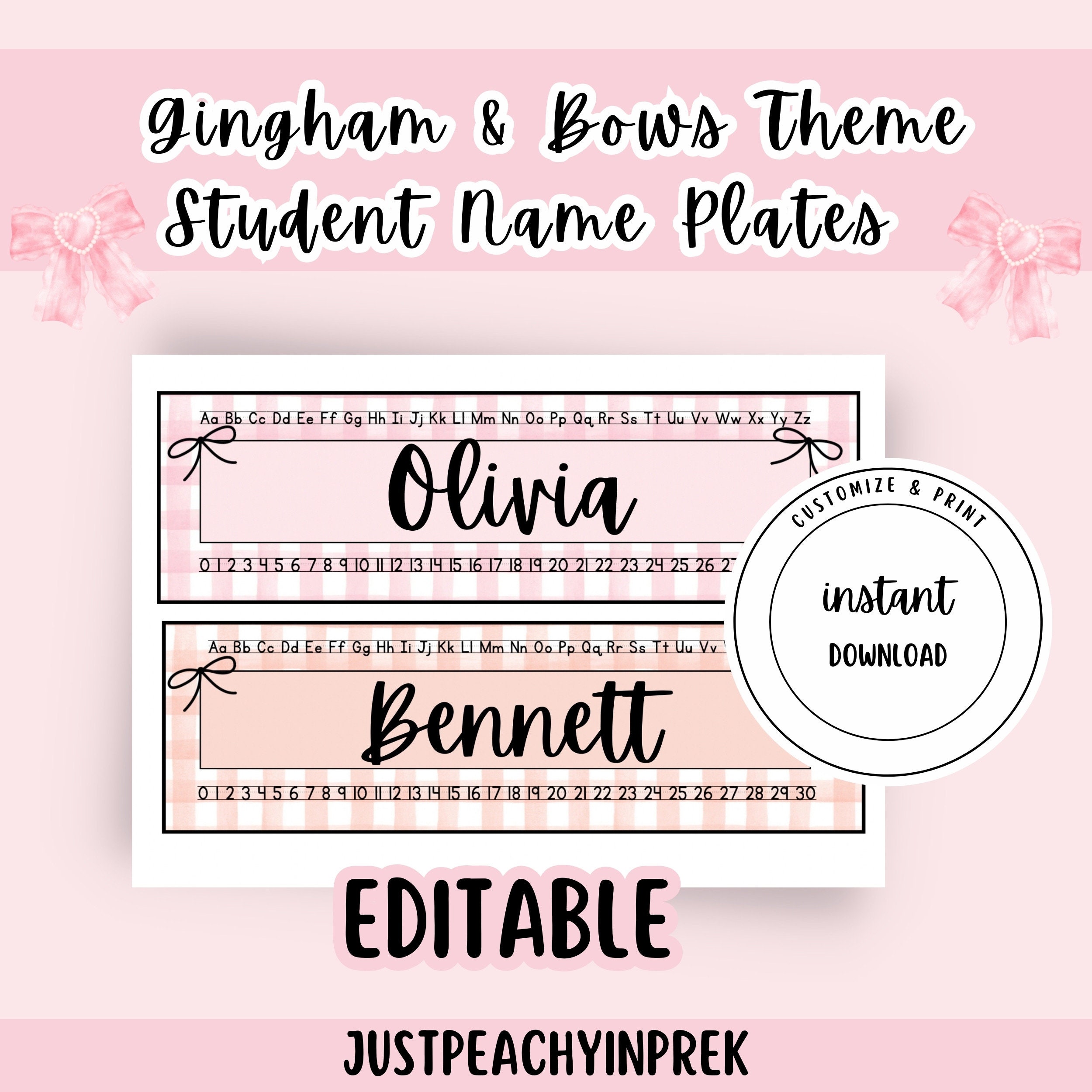 Student Name Desk Plates in Gingham and Bows Theme | Classroom Decor ...