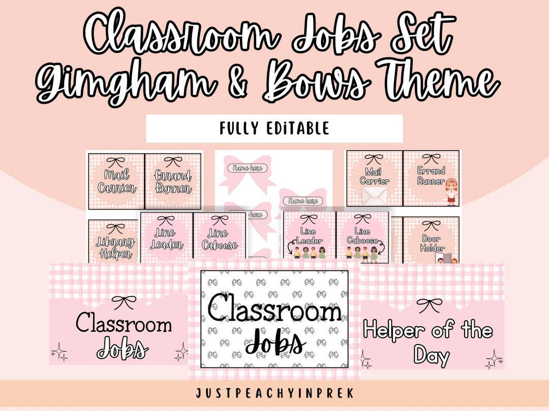 Classroom Jobs Set in Gingham and Bows Theme Editable | Helper of the ...
