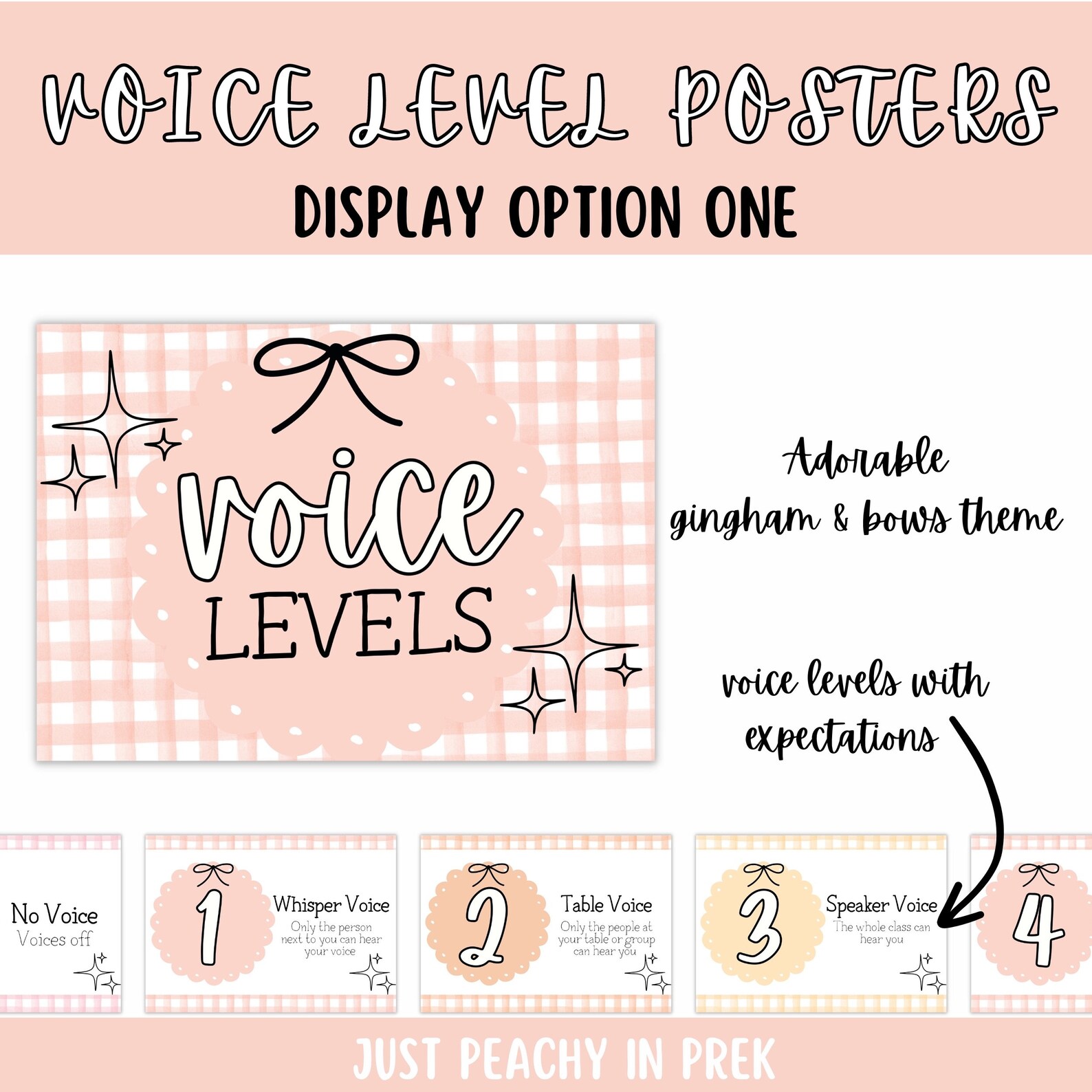 Editable Classroom Voice Level Posters in Gingham and Bows Theme ...
