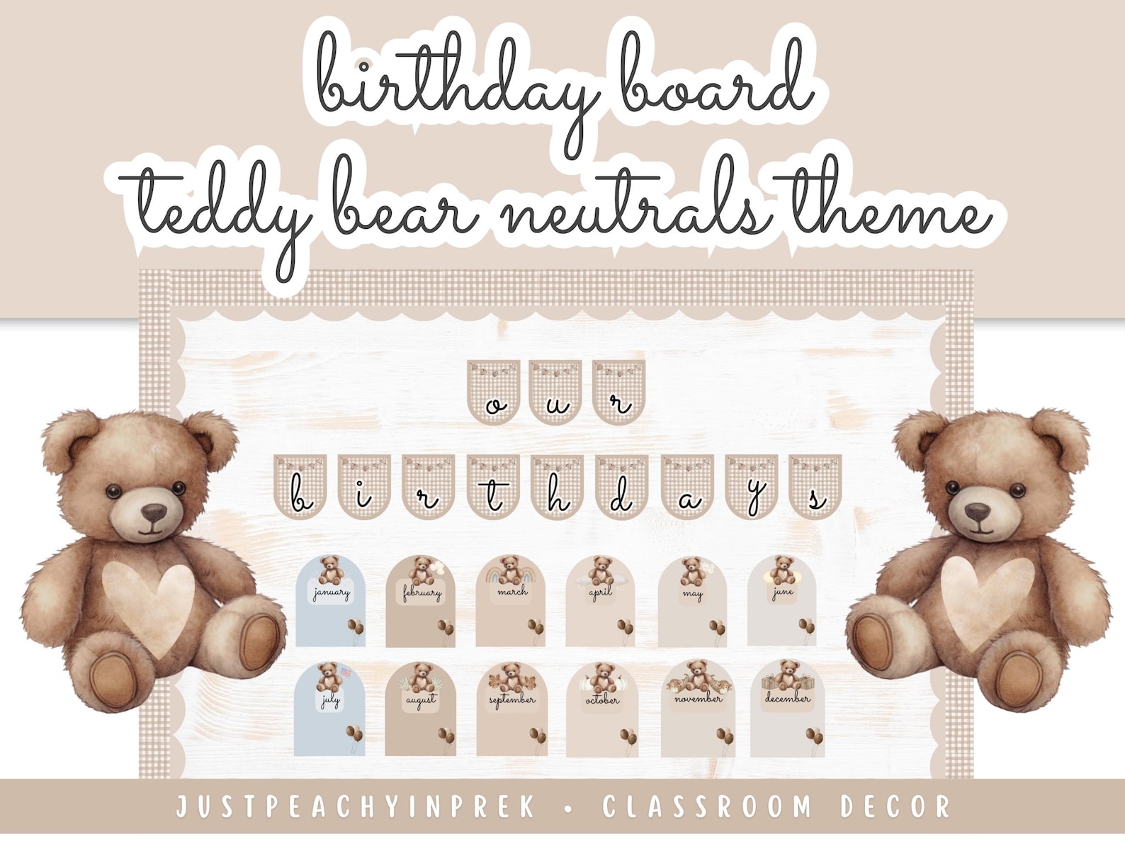 Teddy Bear Classroom Birthday Board | Neutral Gingham Decor (digital ...