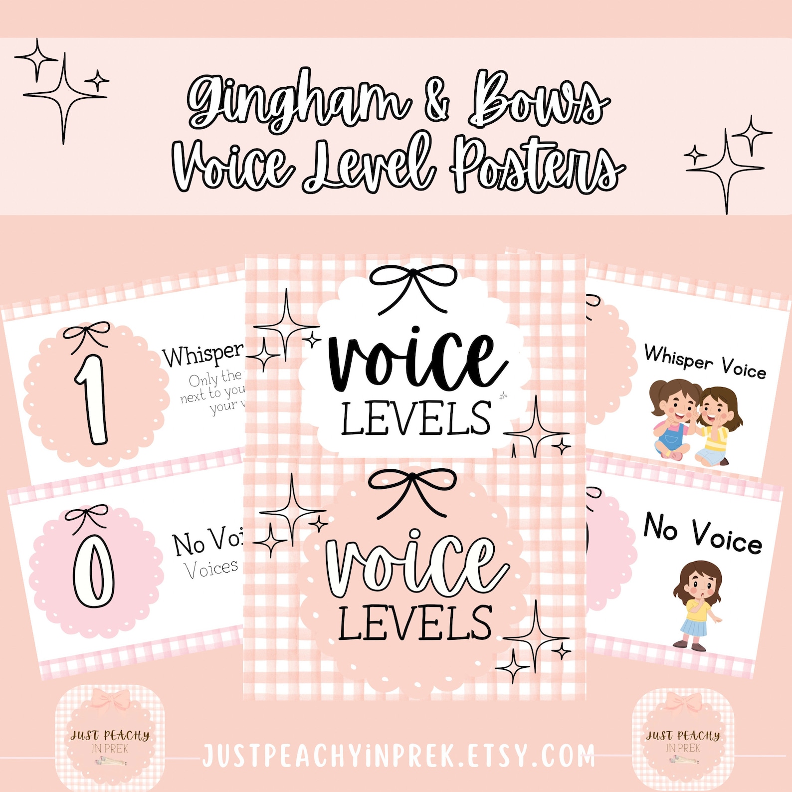 Editable Classroom Voice Level Posters in Gingham and Bows Theme ...