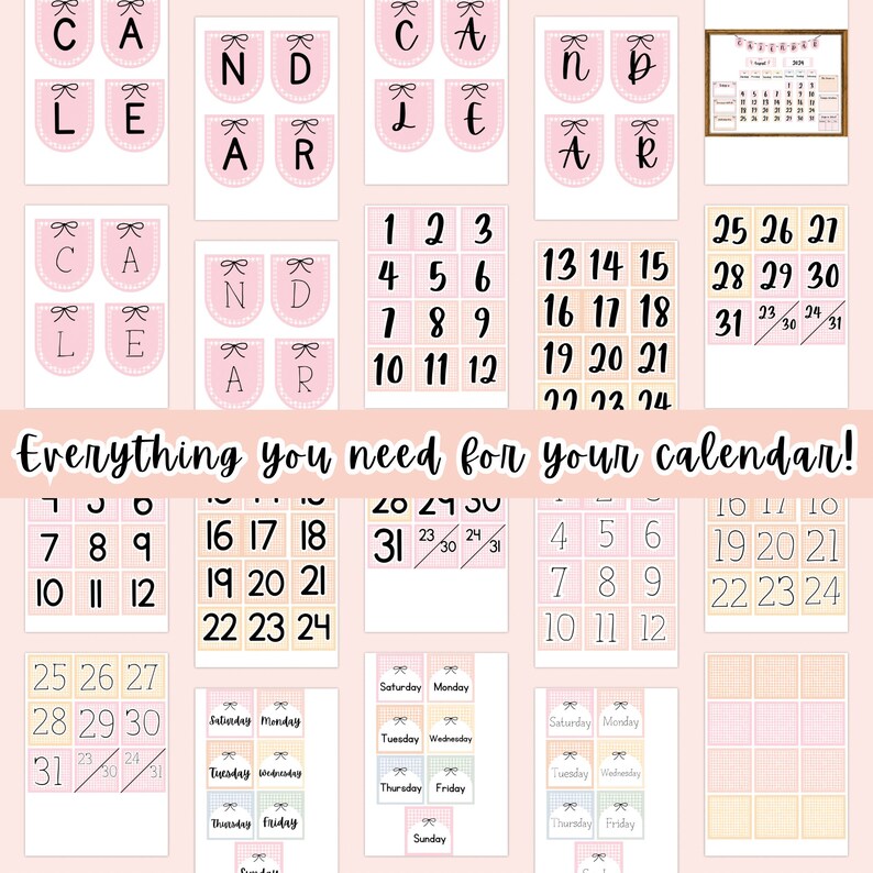 Gingham and Bows Classroom Calendar Set | Pastel Teacher Printable ...