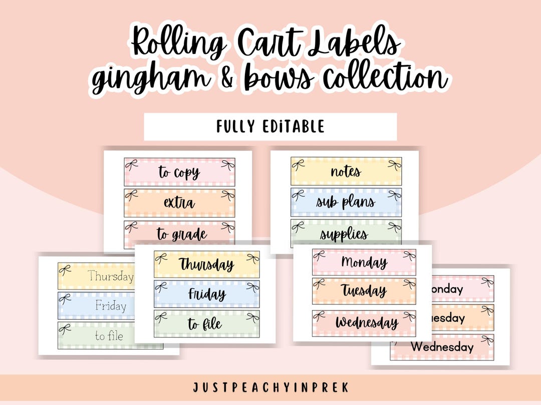 Gingham Bow Rolling Cart Labels | Editable Classroom Decor (digital ...