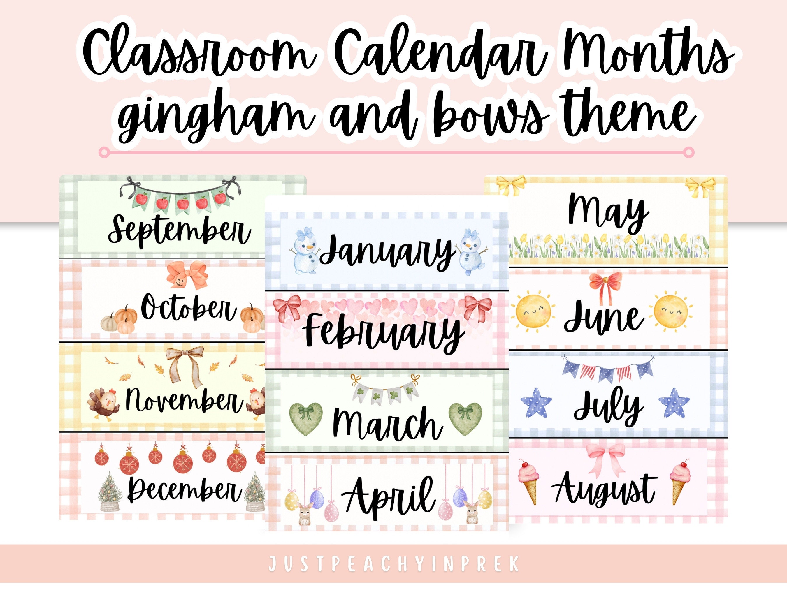 Classroom Calendar Set in Gingham and Bows Theme | Classroom Decor ...