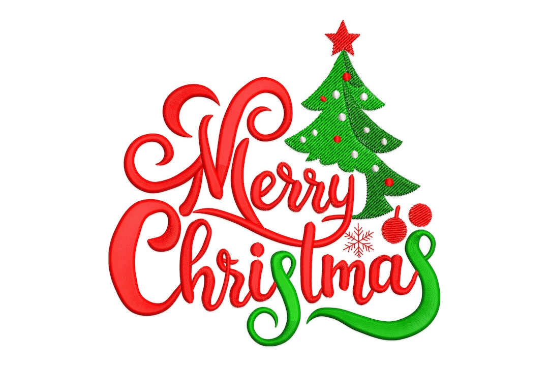 Merry Christmas Embroidery Design, Merry Christmas With Christmas Tree ...