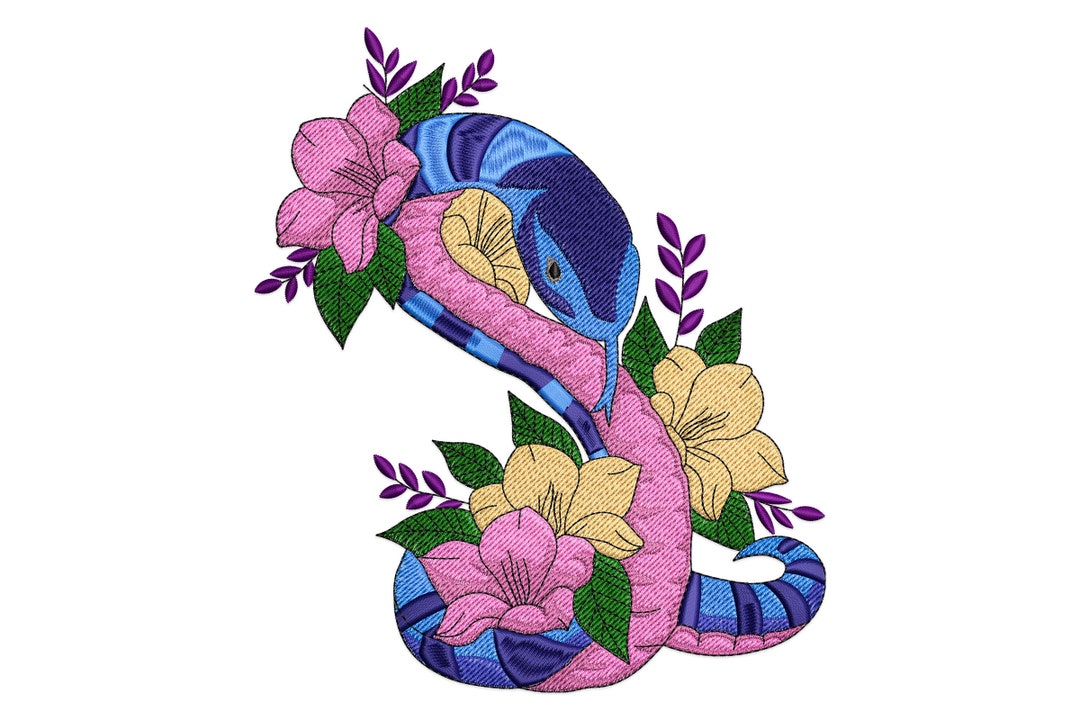 Snake Embroidery Design, Snake With Flowers Machine Embroidery Design ...