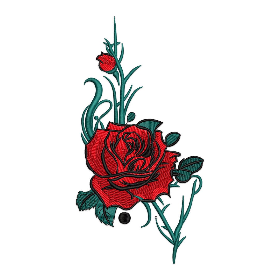 Red Rose Embroidery Design, Valentine's Day Red Rose With Leaves ...