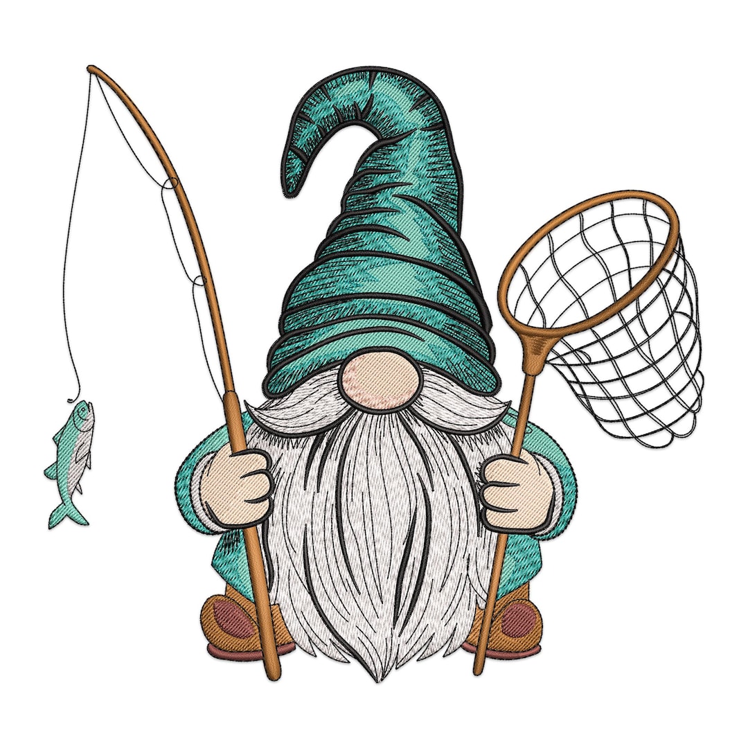 Fisher Gnome Machine Embroidery Design: Fishing Rod & Net (PES, DST ...
