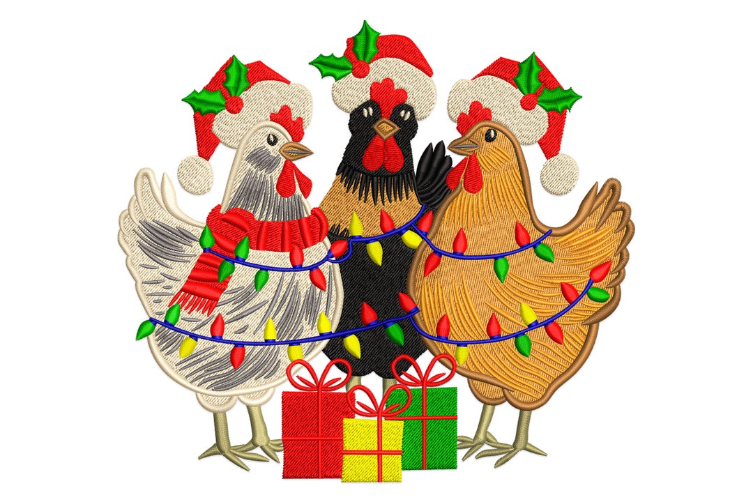 Christmas Chickens Embroidery Design: Santa Hats & Lights (PES, DST ...