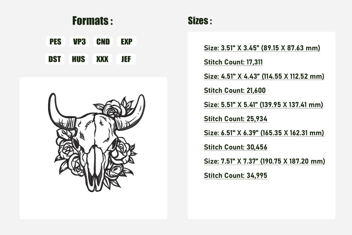 Floral Bull Skull Embroidery Design: Western Cow Head (PES File) - Etsy
