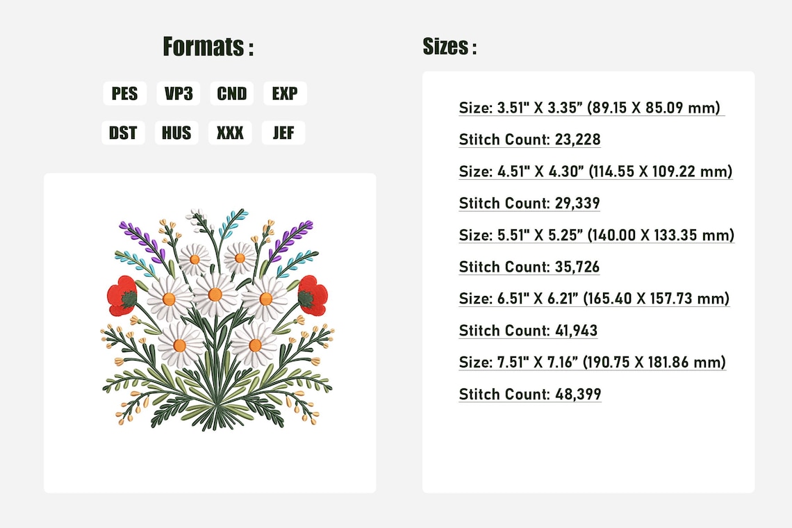 Wildflower Meadow Embroidery Design: Daisy, Poppy, Lavender (PES File ...
