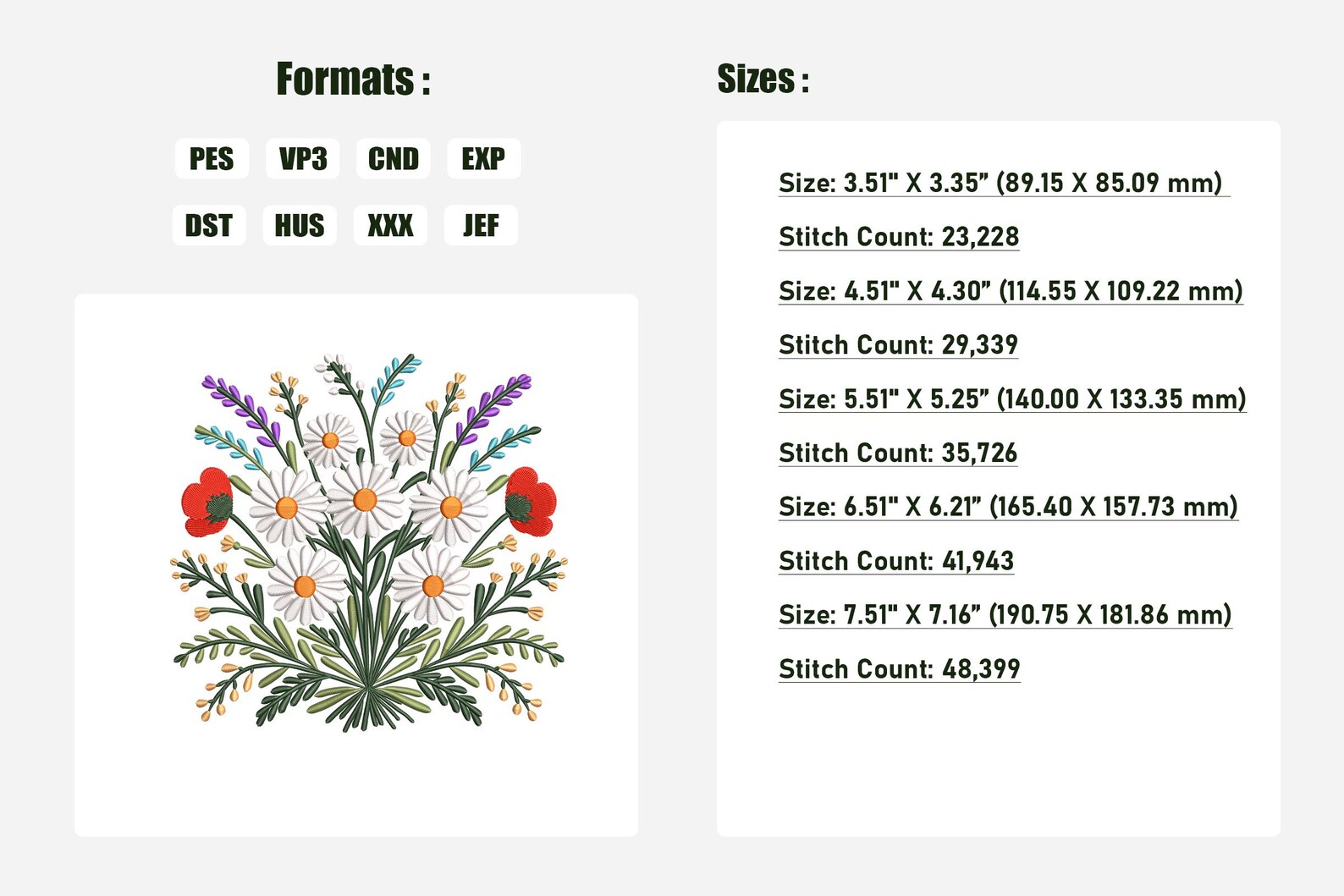 Wildflower Meadow Embroidery Design: Daisy, Poppy, Lavender (PES File ...