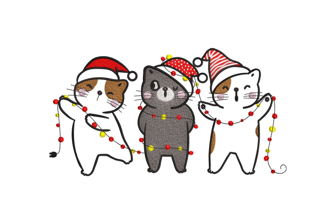 Cats Embroidery Design, Christmas Cat With Christmas Lights and Santa ...