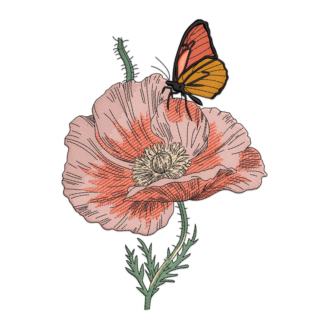 Floral Butterfly Embroidery Design: Poppy Flower (digital Download) - Etsy