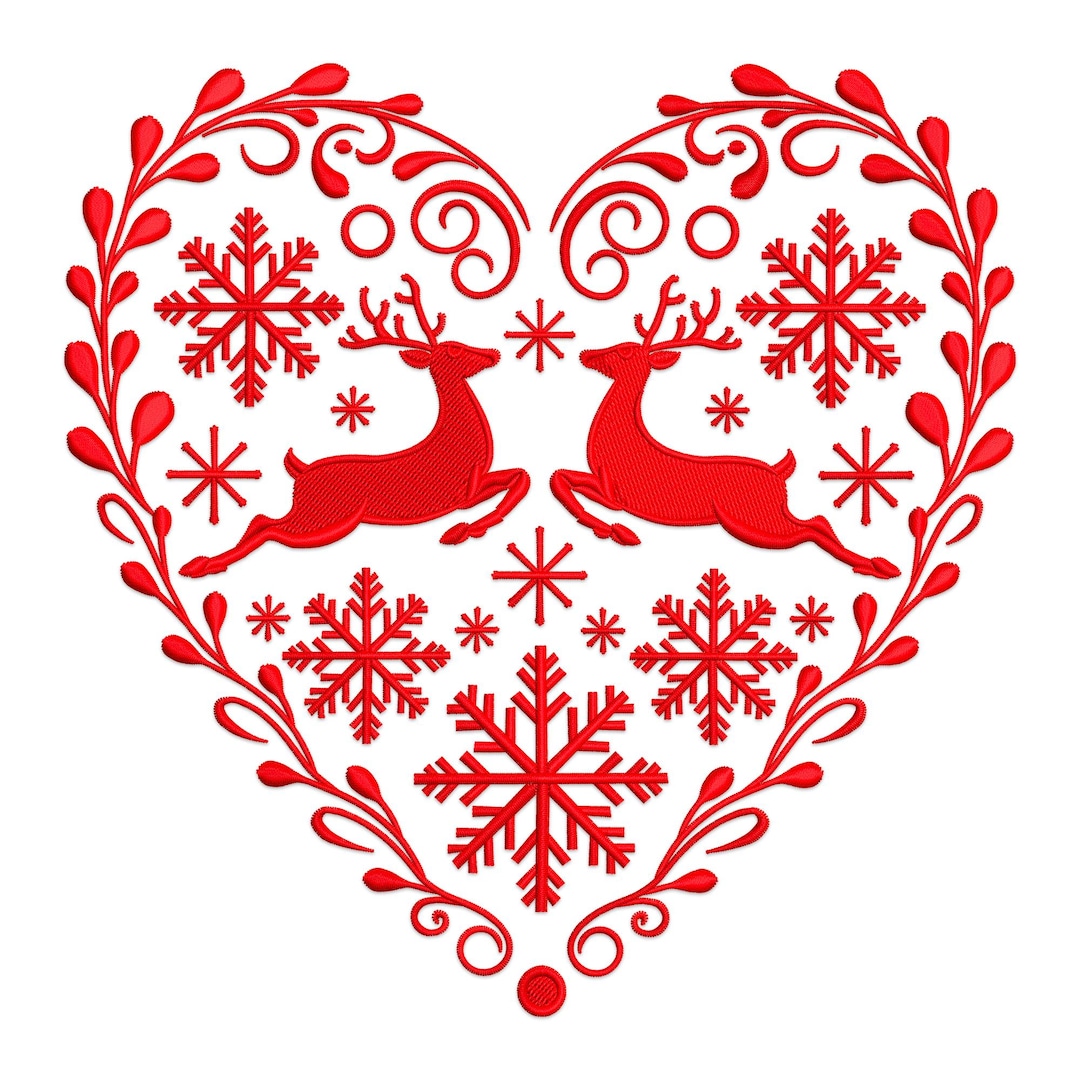 Scandinavian Christmas Heart Embroidery Design: Deer & Snowflake (PES ...