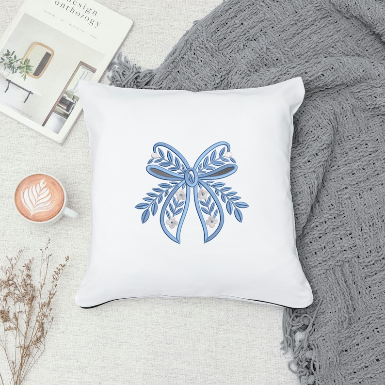 Blue Floral Bow Embroidery Design: Elegant Ribbon & Flowers (digital ...