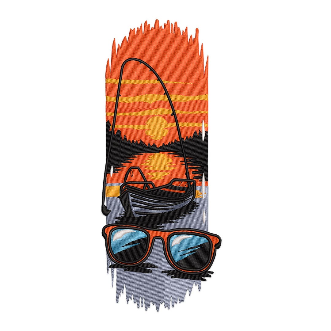 Fishing Sunset Embroidery Design: Boat, Rod & Sunglasses Lake Scene ...