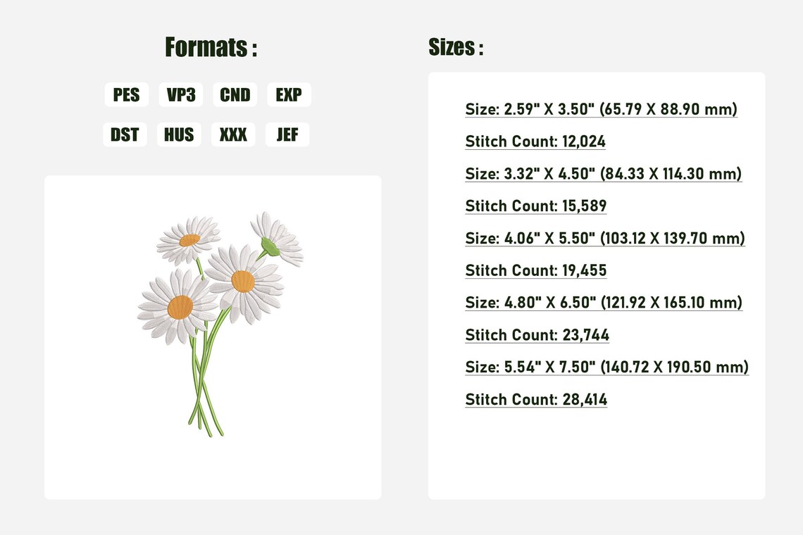 Wildflower Meadow Embroidery Design: Daisy Bouquet PES File (digital ...