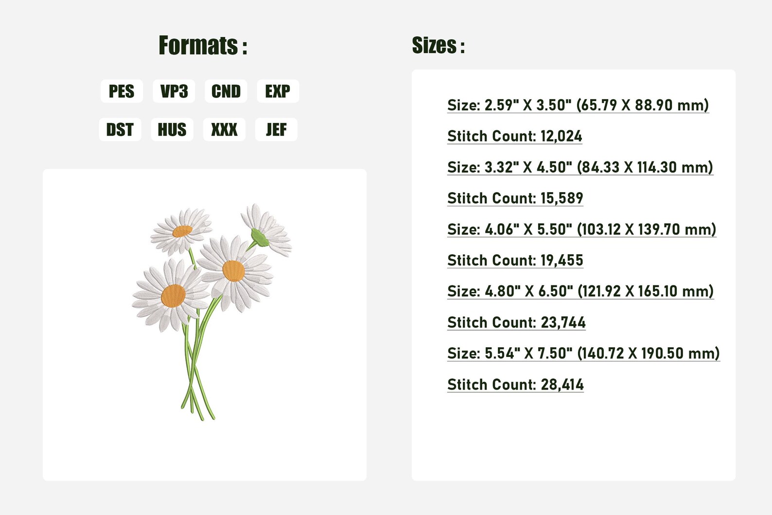 Wildflower Meadow Embroidery Design: Daisy Bouquet PES File (digital ...