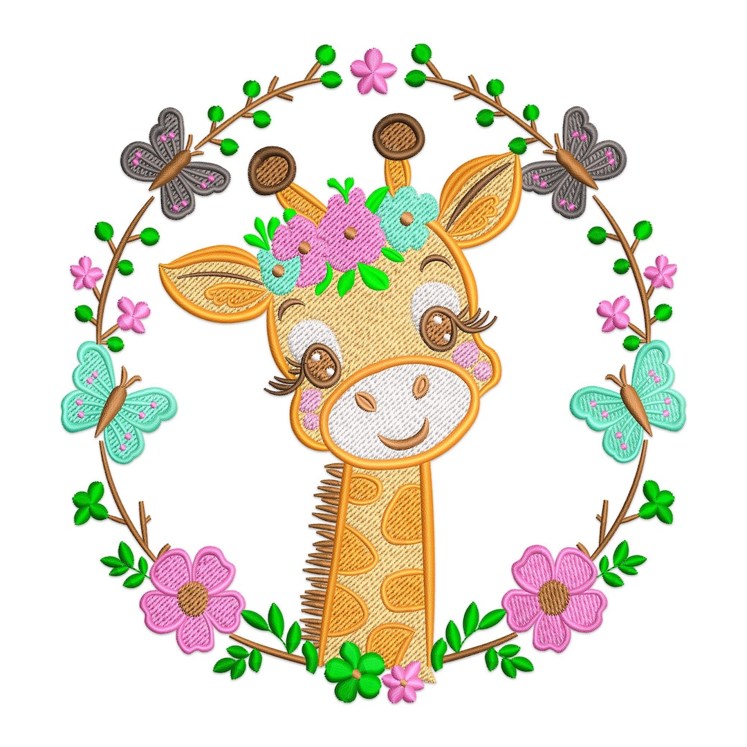 Giraffe Embroidery Design, Giraffe With Flowers and Butterfly's Machine ...