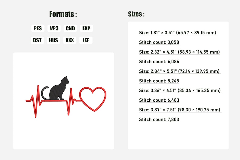 Cat Heartbeat Embroidery Design: Valentine Love (PES, DST, EXP) - Etsy