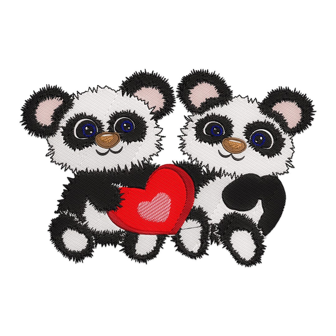 Panda Embroidery Design, Couples Pandas With Hearts Machine Embroidery ...