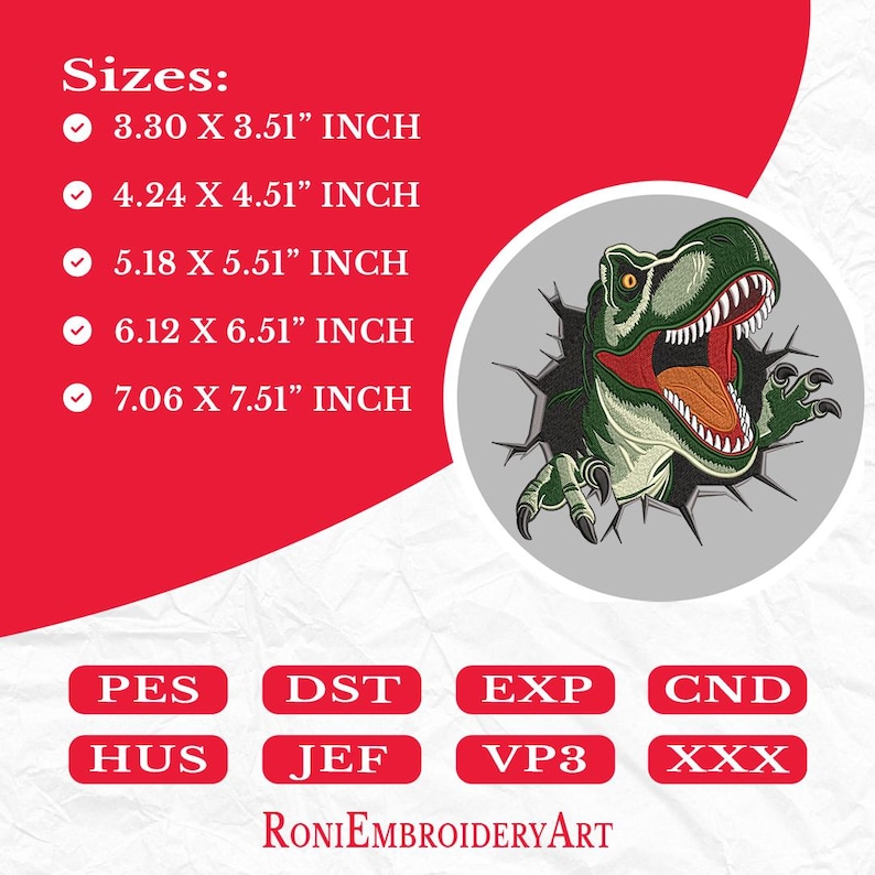 Dinosaur Embroidery Design, T-rex Machine Embroidery Design, Cute ...