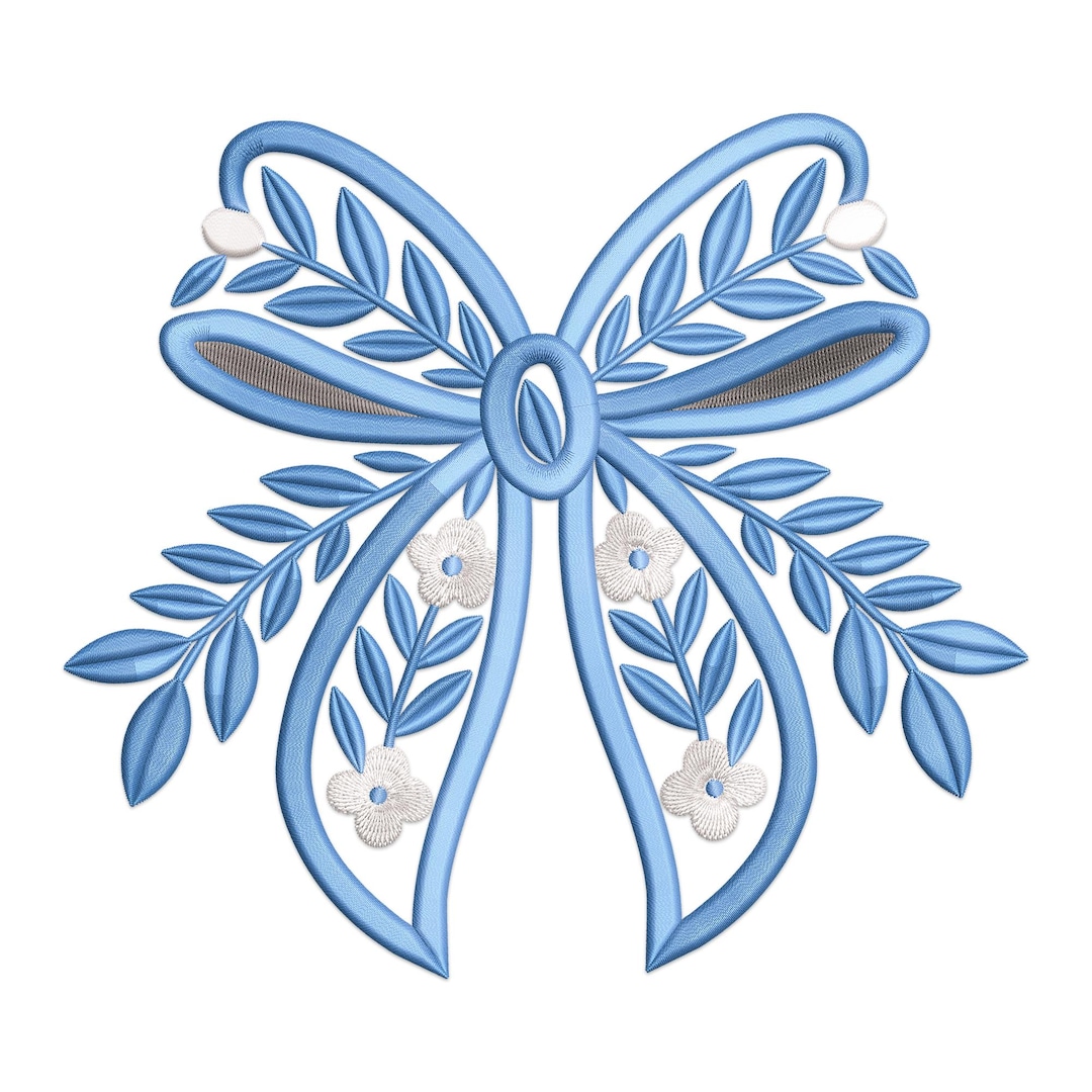 Blue Floral Bow Embroidery Design: Elegant Ribbon & Flowers (digital ...