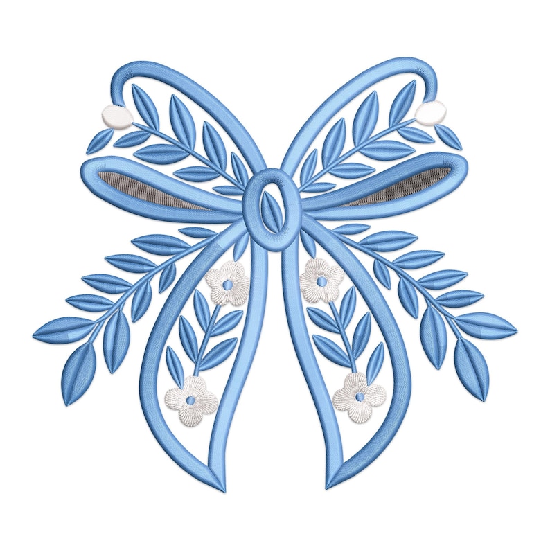 Blue Floral Bow Embroidery Design: Elegant Ribbon & Flowers (digital ...