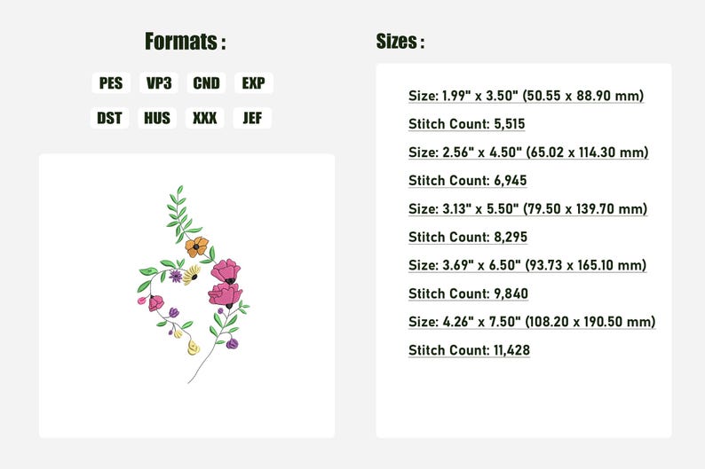 Floral Heart Machine Embroidery Design, Wildflower Bouquet (PES File ...