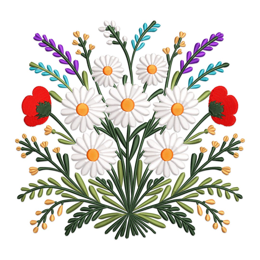 Wildflower Meadow Embroidery Design: Daisy, Poppy, Lavender (PES File ...
