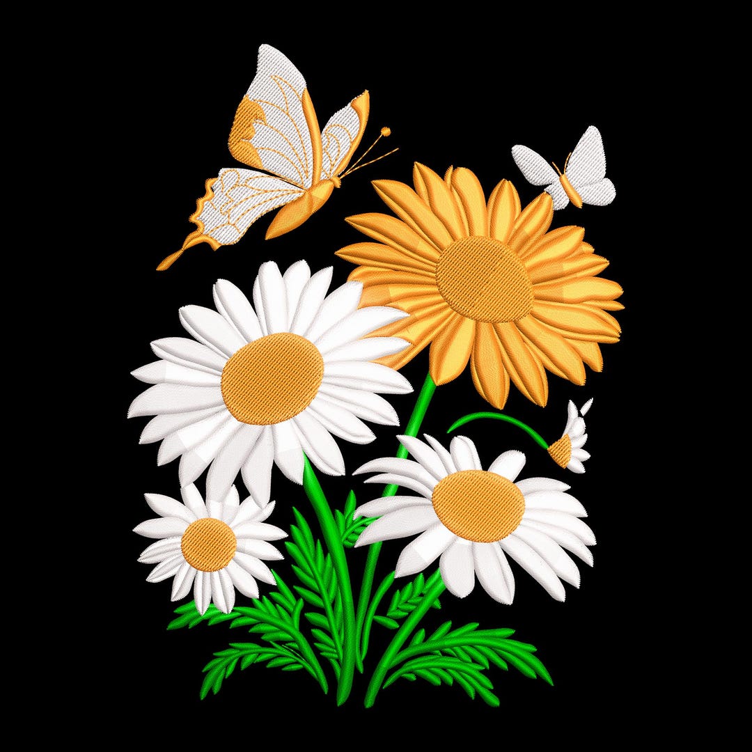 Wildflower Meadow Embroidery Design: Daisy, Clover, Butterfly (PES, DST ...