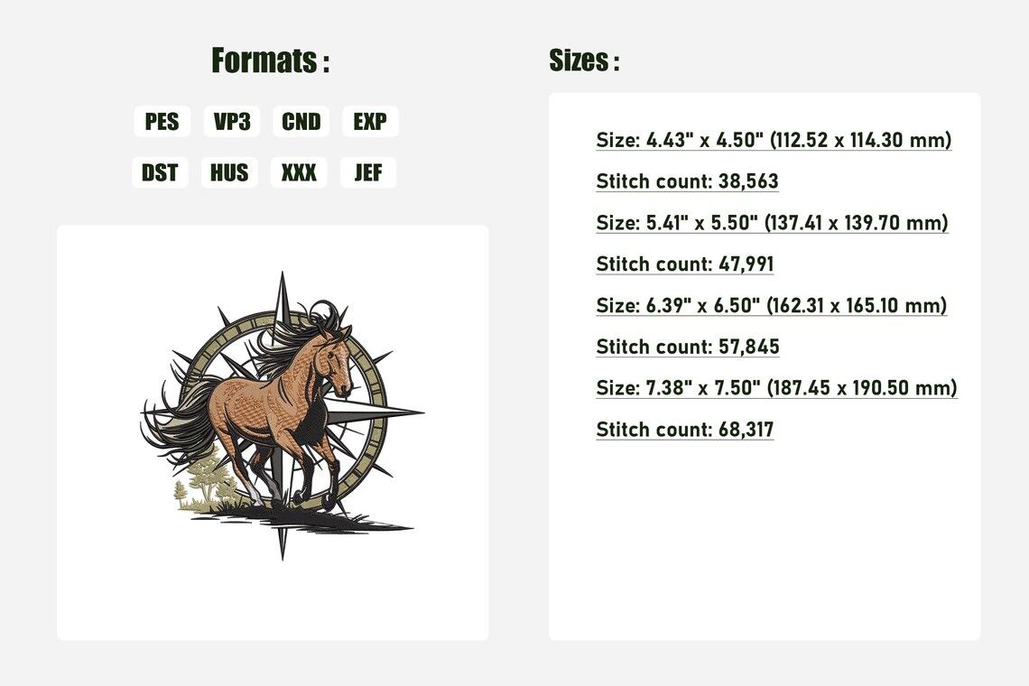 Horse Compass Machine Embroidery Design, Adventure Animal (PES, DST ...