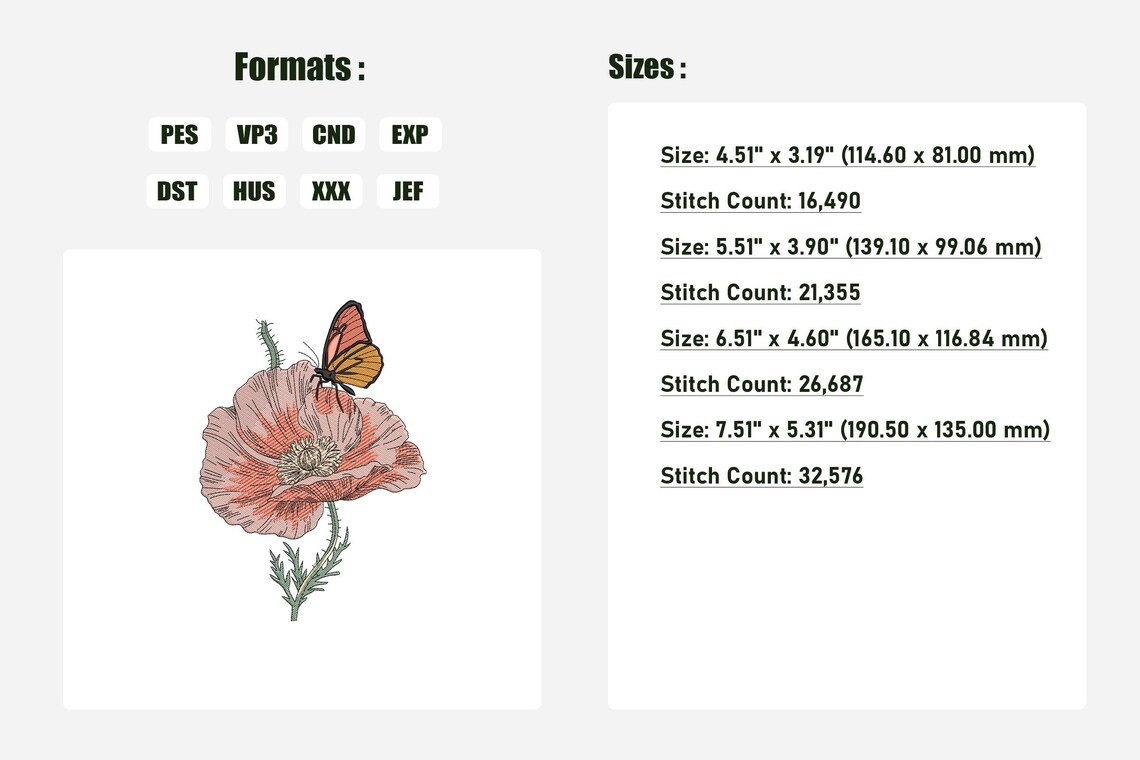 Floral Butterfly Embroidery Design: Poppy Flower (digital Download) - Etsy
