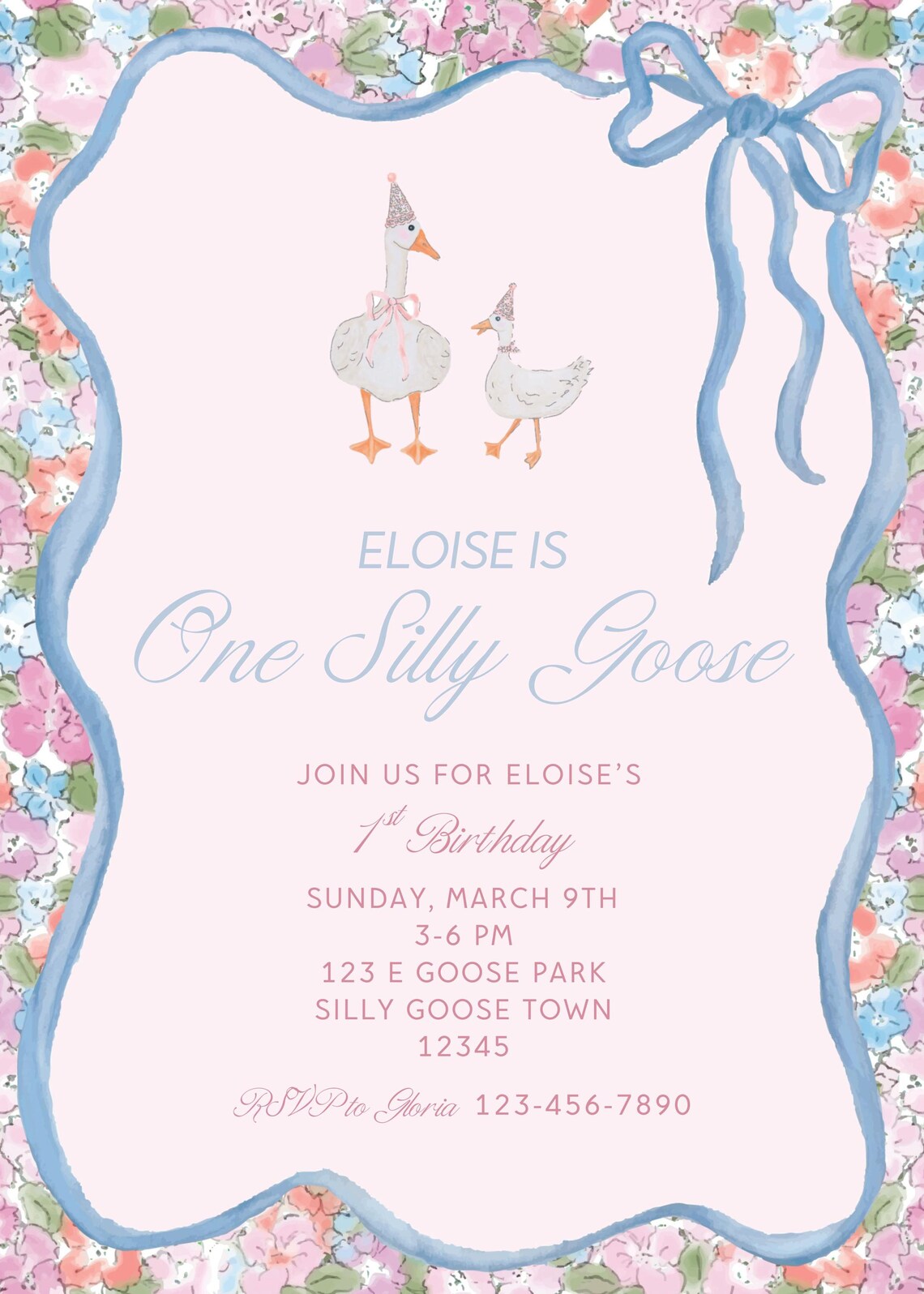 One Silly Goose Birthday Invitation Template, 1st Birthday Girl, Blue ...