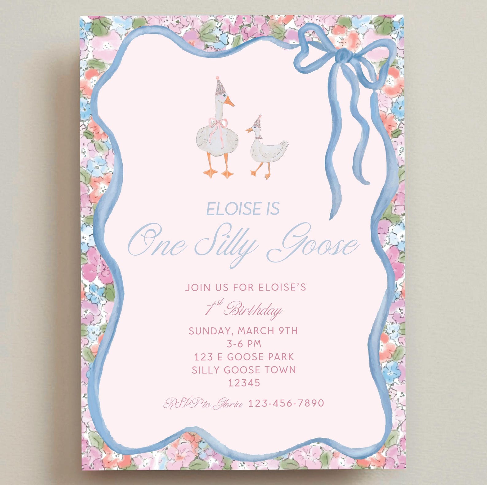 One Silly Goose Birthday Invitation Template, 1st Birthday Girl, Blue ...
