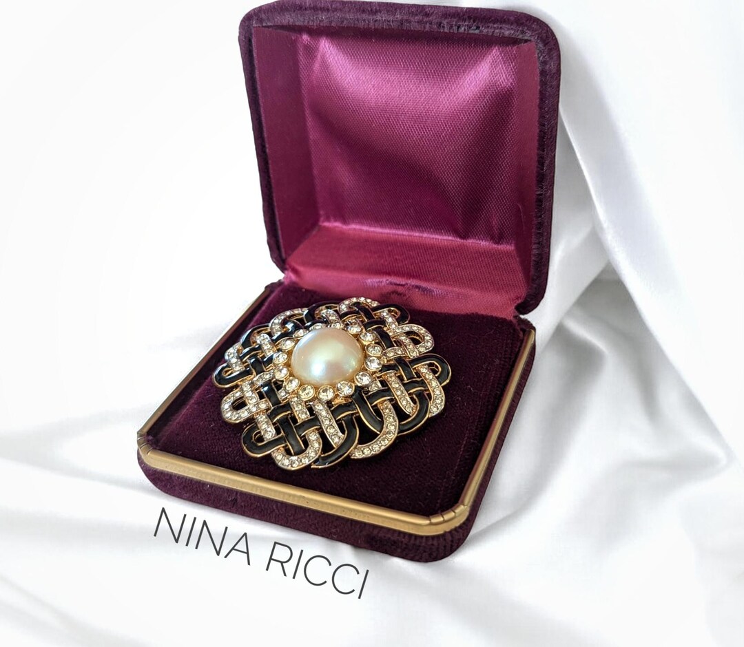 Vintage 80s NINA RICCI PARIS Signed Brooch Black Enamel W/ White ...