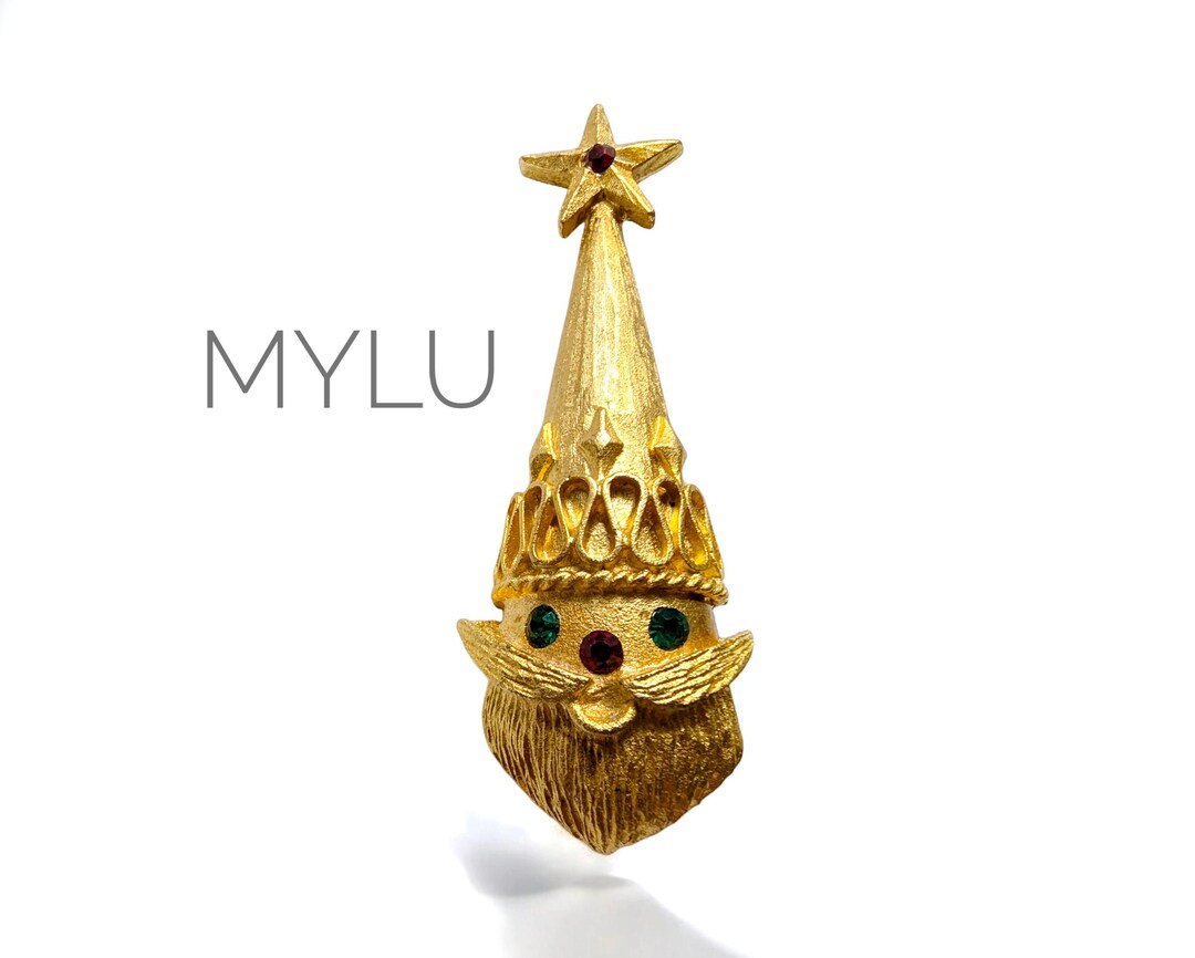 Vintage MYLU Santa Claus Head With Hat Gold Tone & Rhinestone Crystal ...
