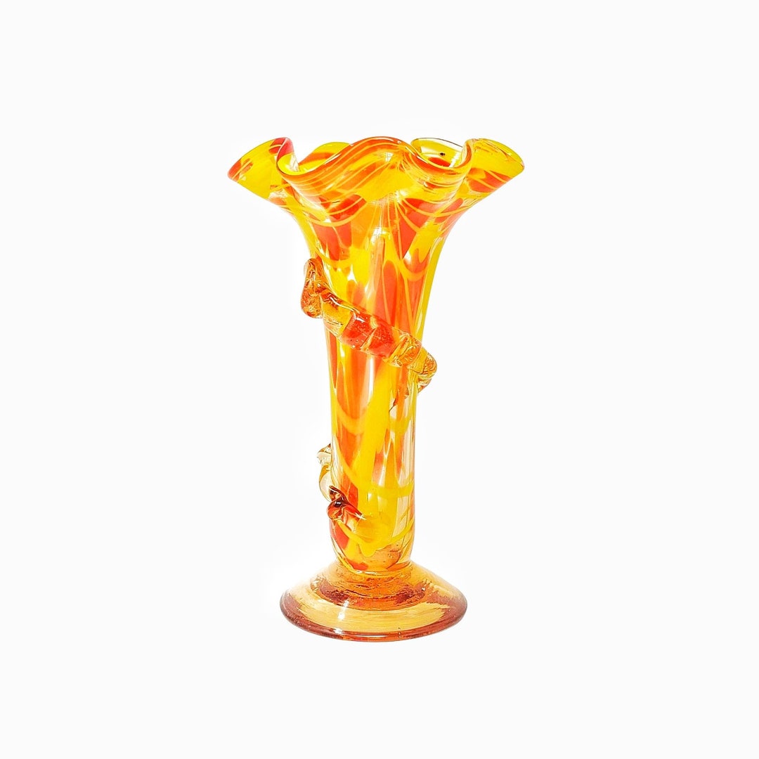 Vintage Handblown Spatter Glass Bud Vase: Orange Yellow Ruffled Edge ...