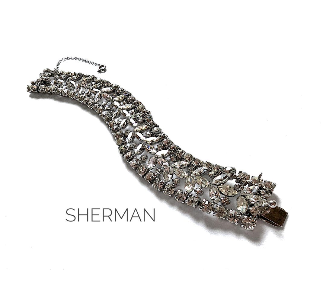 1950s SHERMAN Five Row Marquis and Round Clear Swarovski Crystal Silver ...