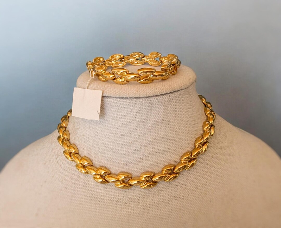 90s Vintage Gold Plate Link Necklace Bracelet Set - Unworn Modernist ...