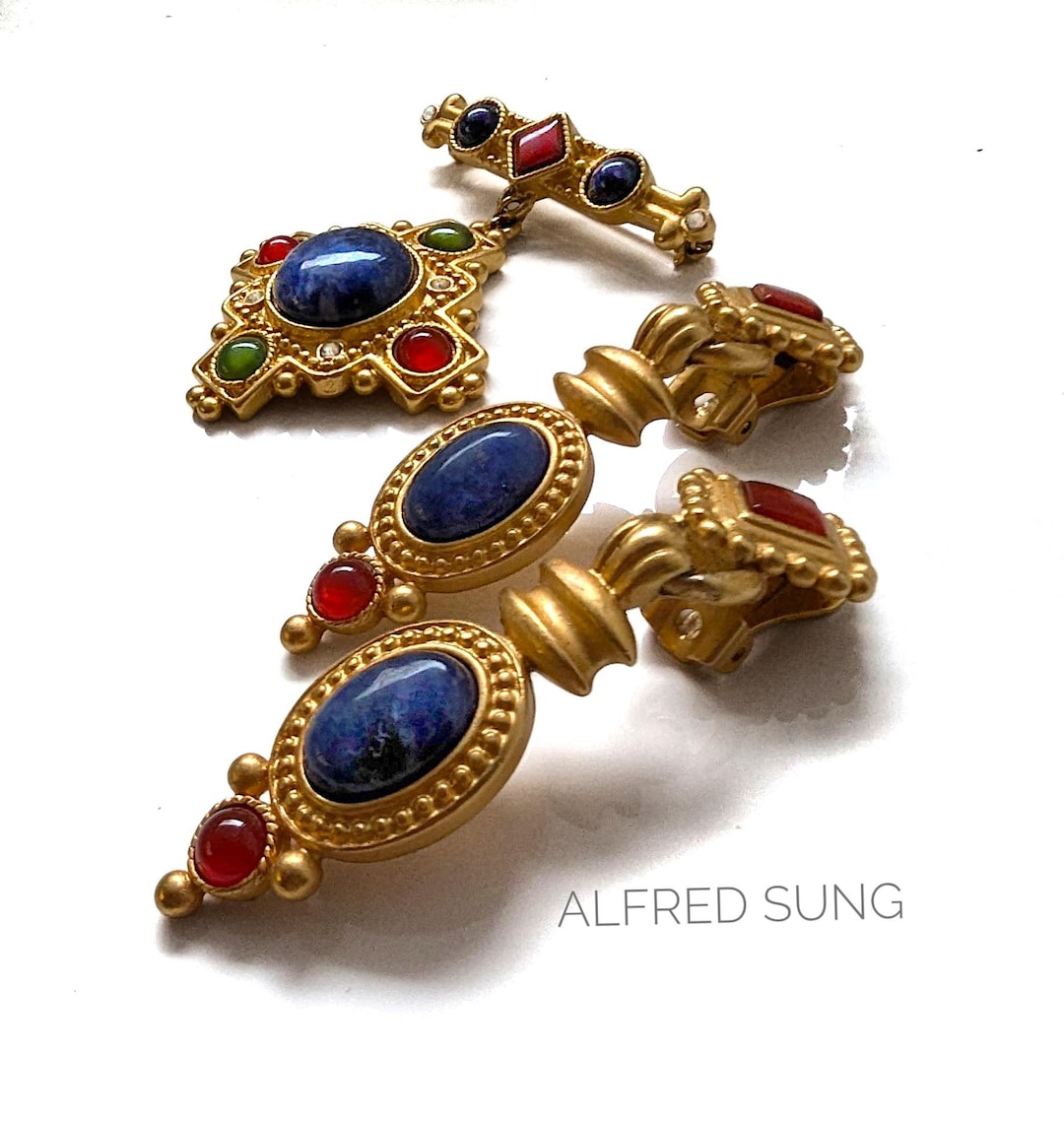 Signed ALFRED SUNG Etruscan Revival Set | Maltese Cross Brooch & Dangle ...