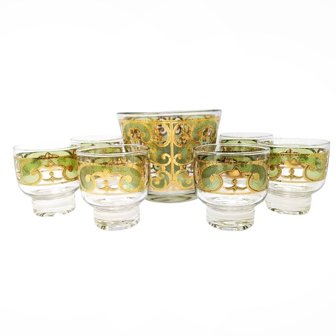 MCM STARLYTE 22 K Gold/ Frosted Green Glass Ice Bucket 6 Footed ...