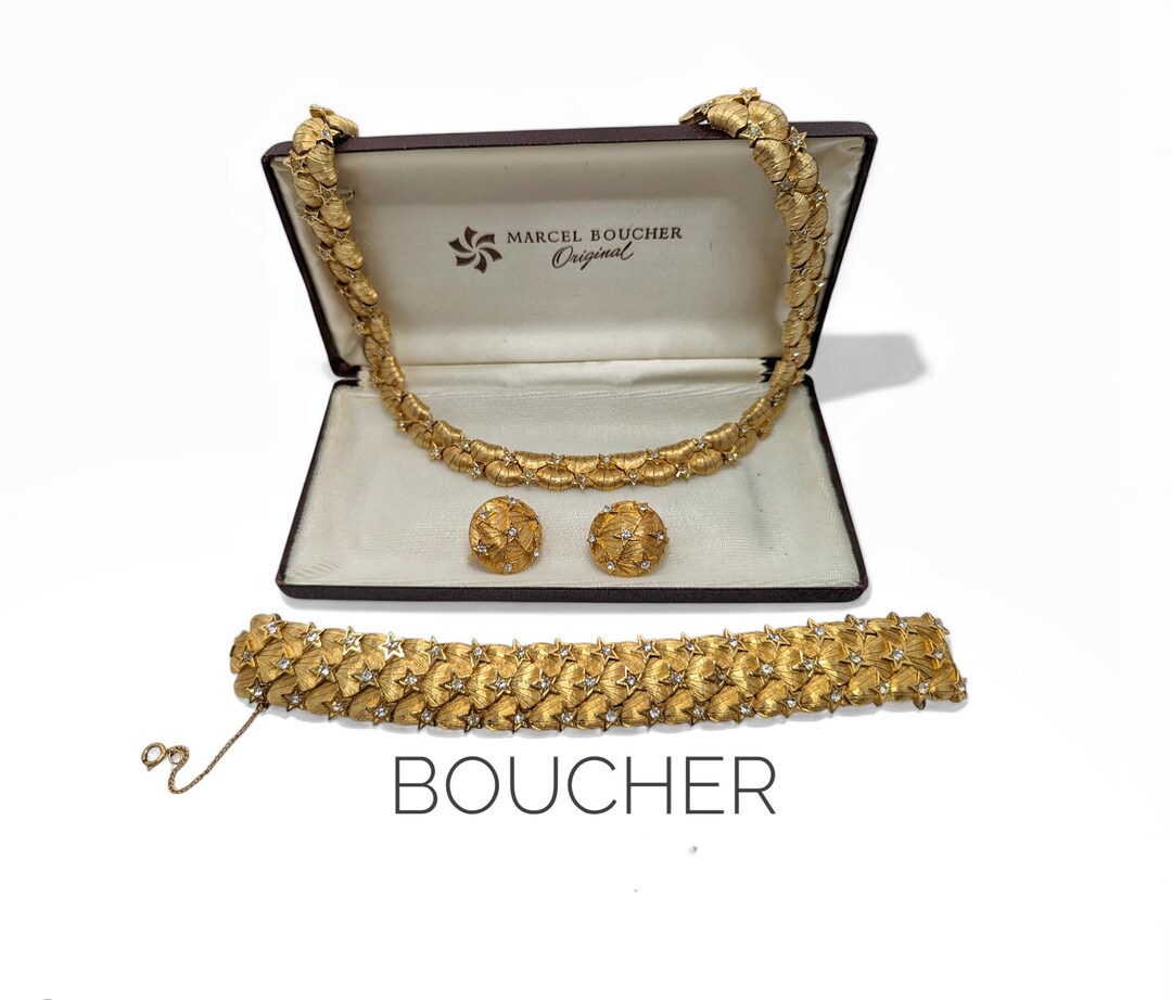 Important BOUCHER MCM Atomic Stars Brushed Gold Crystal Parure Set ...