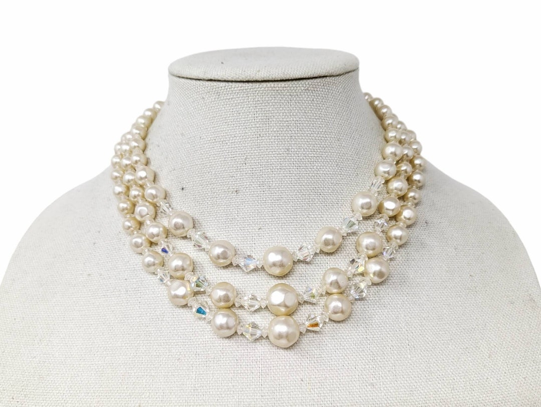 Vintage 50s Faux Pearl & AB Crystal Triple Strand Necklace - Etsy